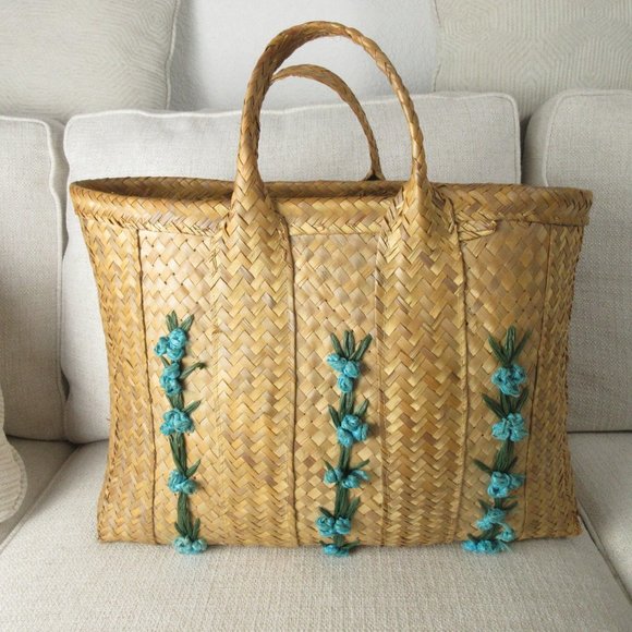 Vintage | Bags | Vintage Floral Rafia Large Tote Blue Flowers | Poshmark
